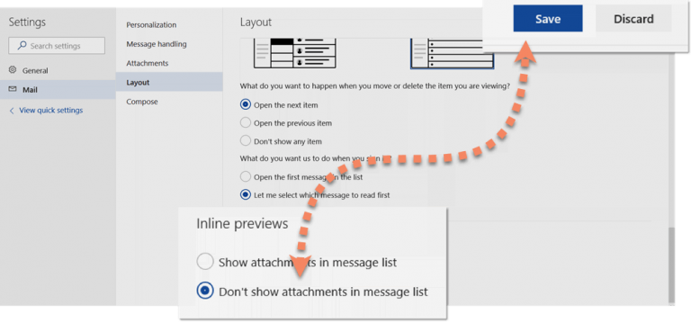 Turn off inline attachment previews in new version of Outlook.com
